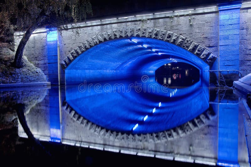 Night Bridge with Blue and White Light. Stock Image - Image of scene ...