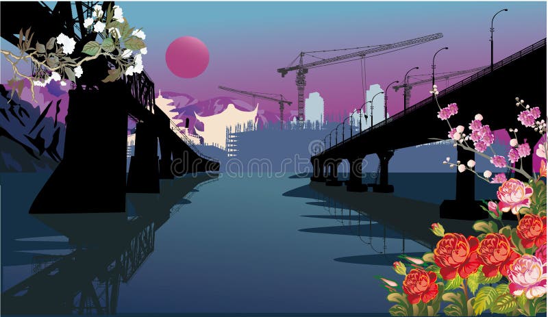 Night Bridge with Flowers Illustration Stock Vector - Illustration of ...