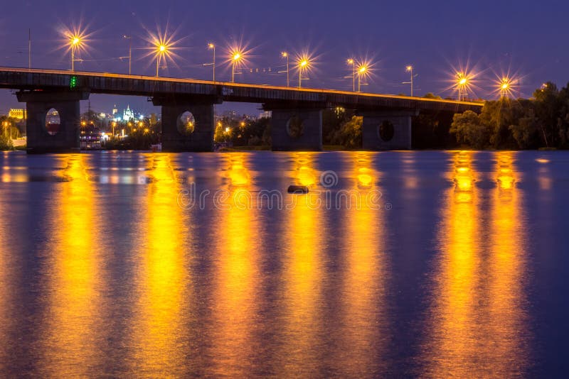 Night Bridge Lights Reflected in River Water. HDR Stock Image - Image ...