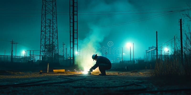 The Night Builder Works Under Artificial Lights To Complete Large-scale ...