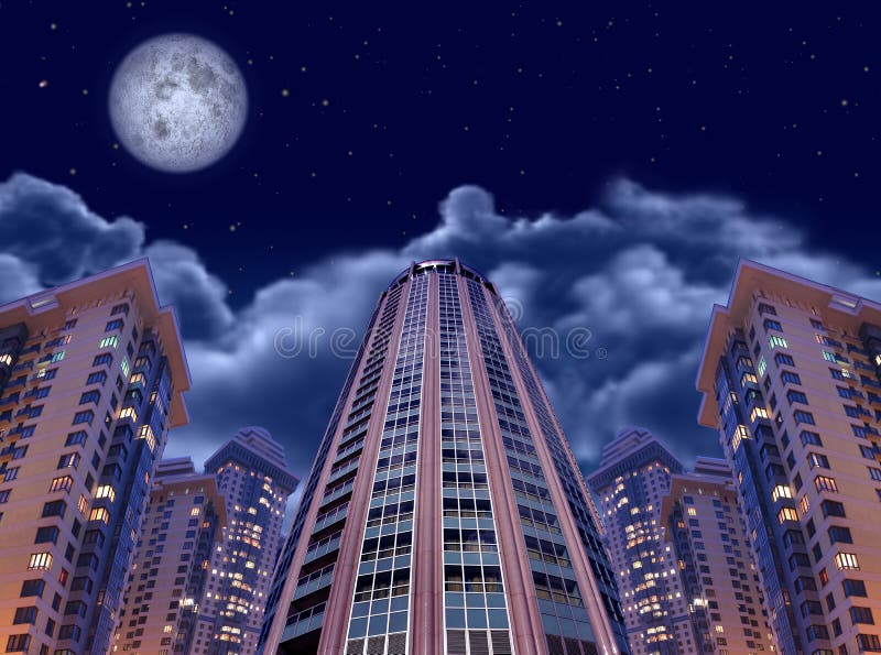 Night Buildings on Sky and Moon, Collage Stock Photo - Image of blue ...