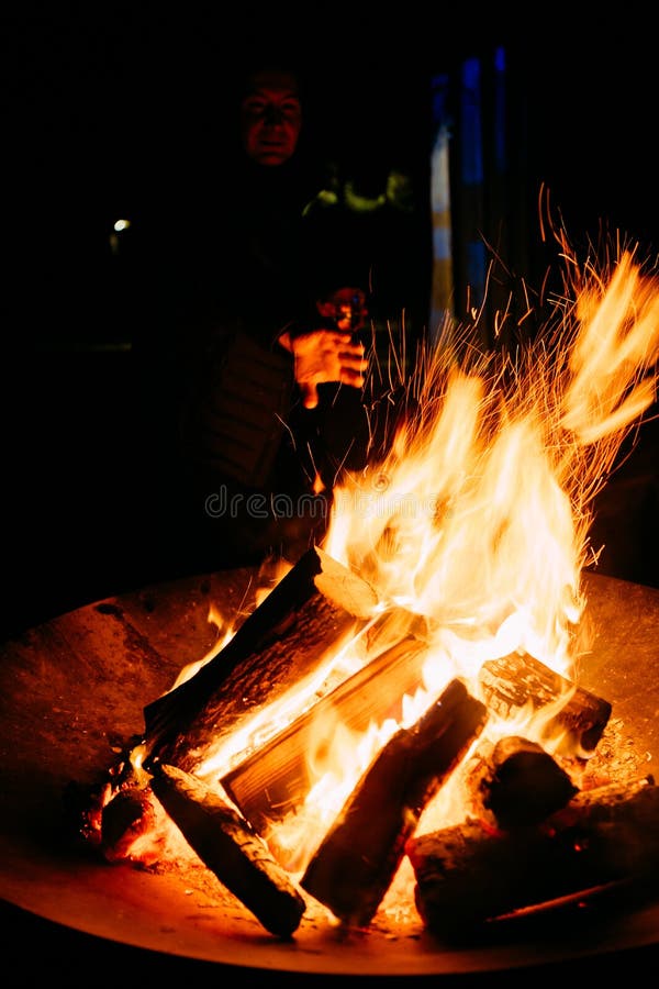 Night Burning Bonfire Metal Stand Man Throws Stock Image - Image of ...