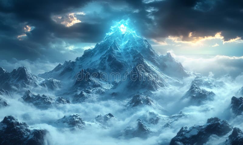 At Night, a Burst of Spectacular Lightning Strikes the Snowy Peak of a ...