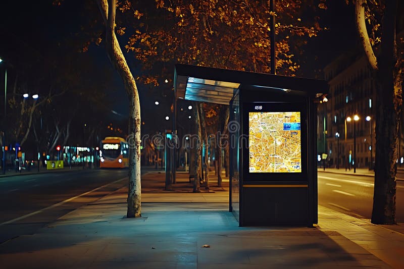Night Bus Stop with Illuminated Map Stock Illustration - Illustration ...