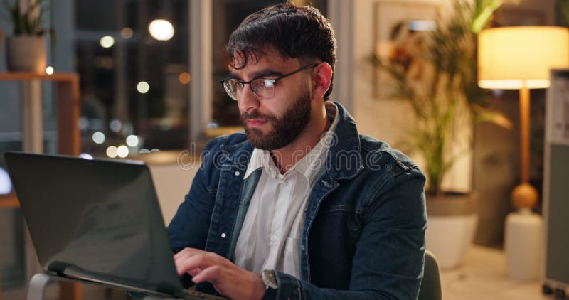 Night, Business and Man with Laptop, Thinking and Ideas with Wonder ...