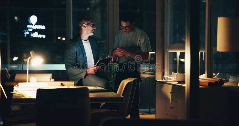 Night, Business People or Tablet in Office with High Five, Thank You or ...