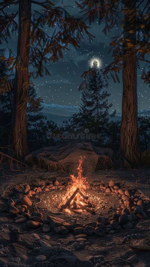 Night Campfire in Forest with Moon and Stars Stock Photo - Image of ...