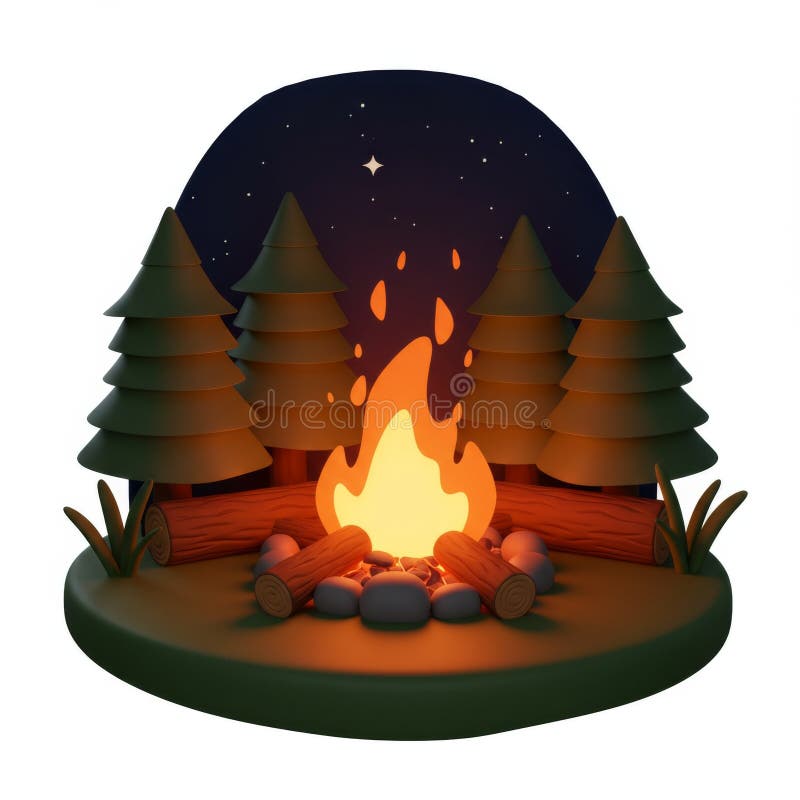 Night Campfire Scene in 3D Stylized Forest Stock Illustration ...