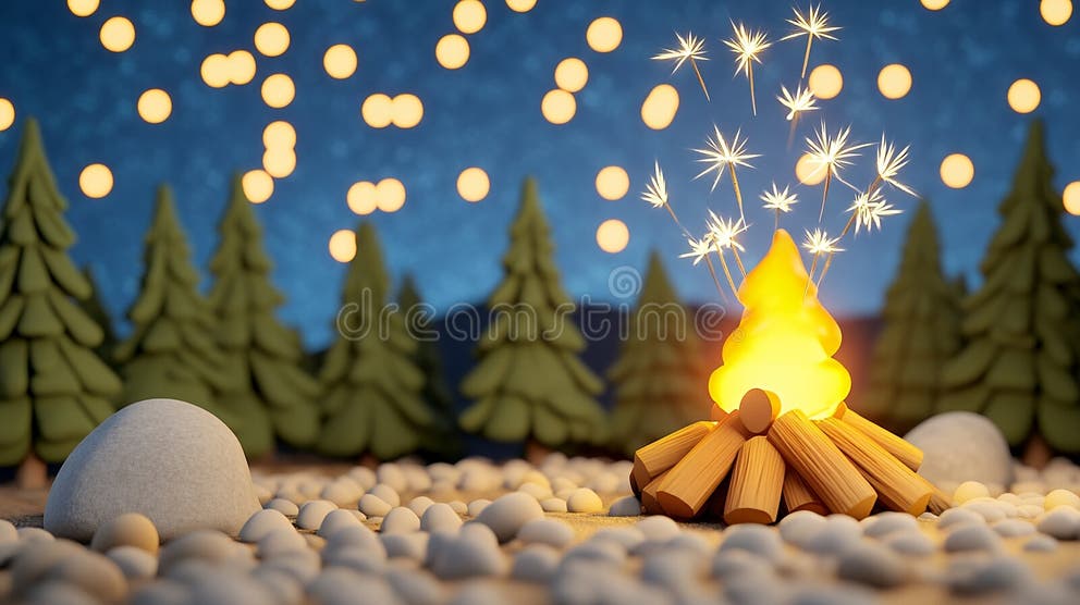 Night Campfire Scene with Fireworks and Snow Stock Illustration ...