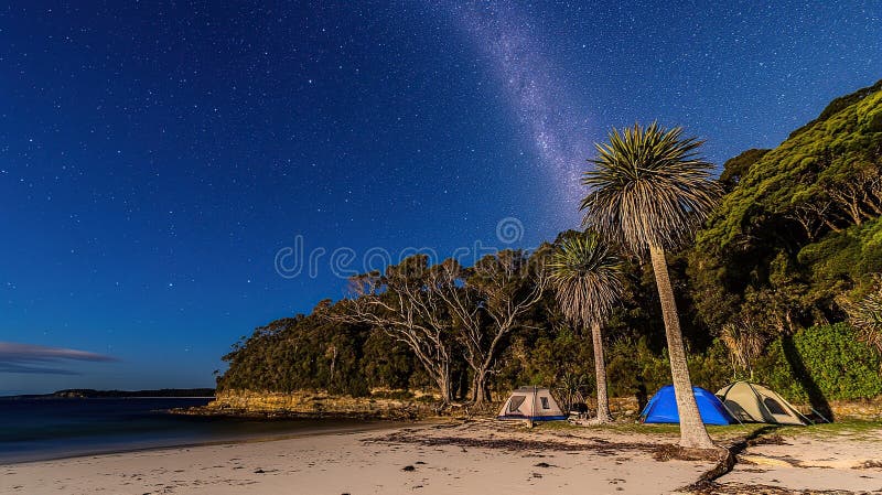 Night Camping, Beach, Milky Way, Palm Trees, Ocean Stock Image - Image ...