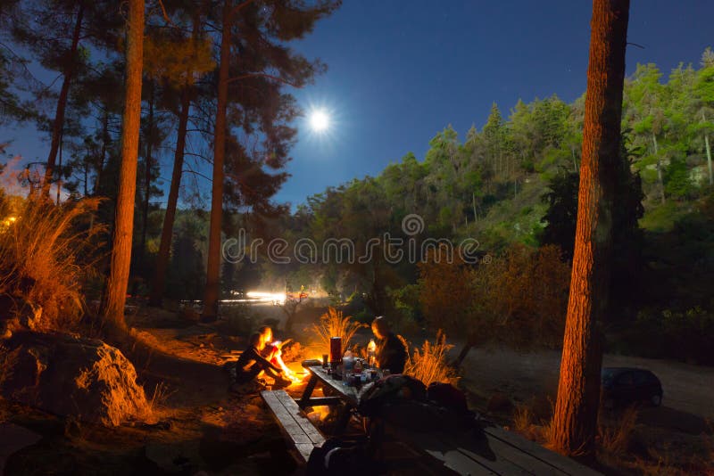 Night camping fire. stock image. Image of group, forest - 44611439