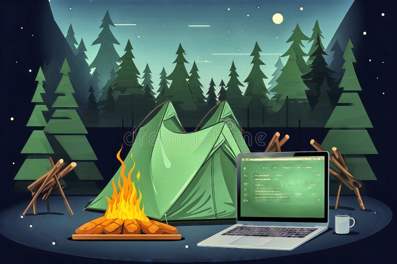 Night Camping in the Forest with a Tent, Campfire, and a Laptop ...