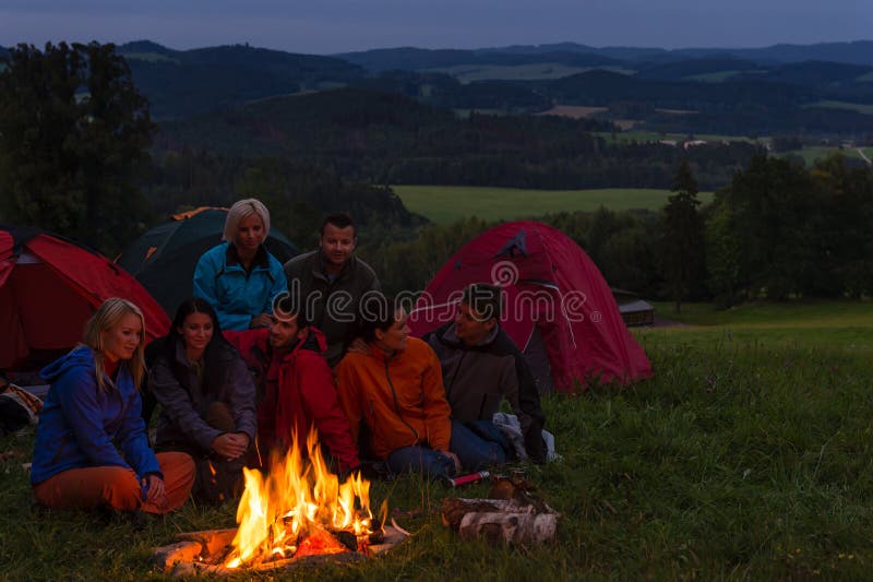 Camping People Watching Campfire Together beside Tents Stock Photo ...