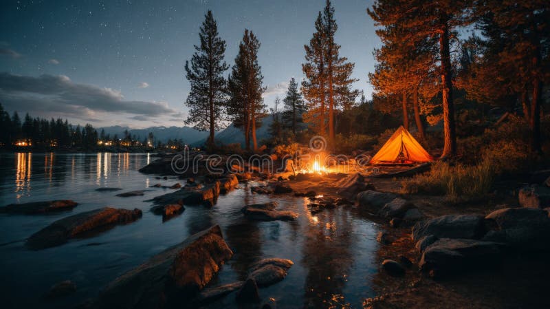 Night Camping by the Lake Under Starry Sky Stock Illustration - Illustration of peaceful ...