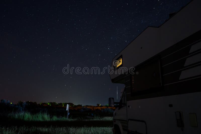 Night Camping with Motorhome Stock Photo - Image of caravan, camping ...