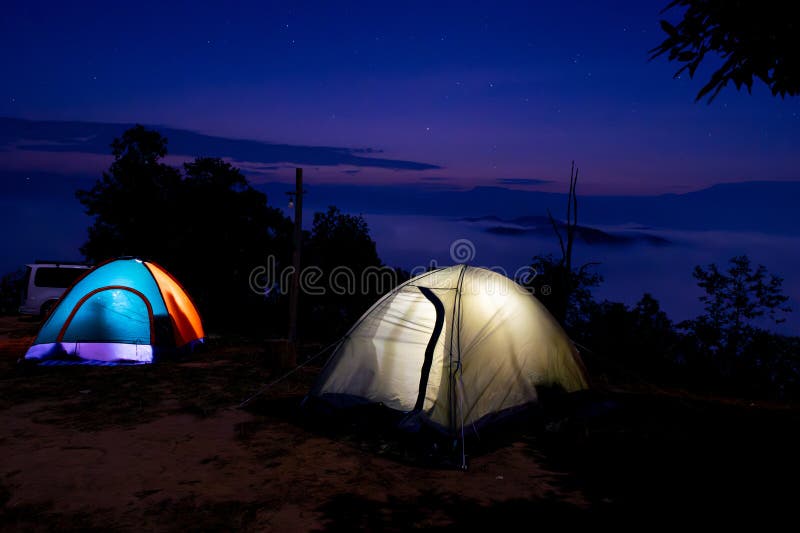 Night Camping in Mountain Tents Travel and Relaxation Stock Photo ...