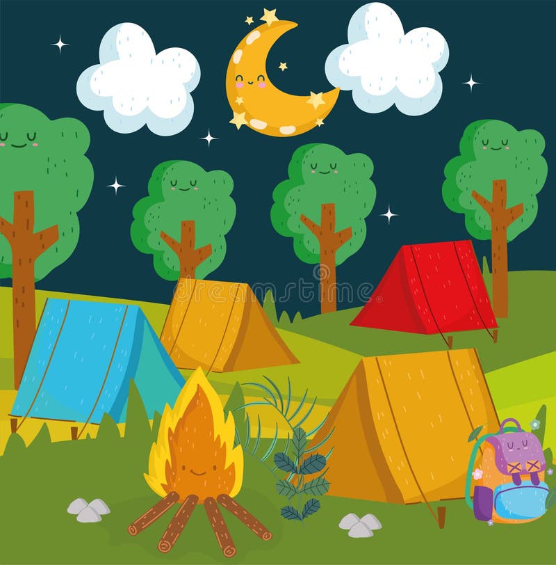 Night Camping Vector Illustration, Cartoon Flat Happy Couple Campers ...