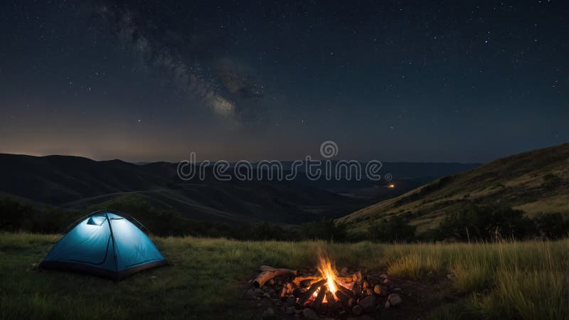 Night Camping Scene with Glowing Tent and Campfire Stock Image - Image ...