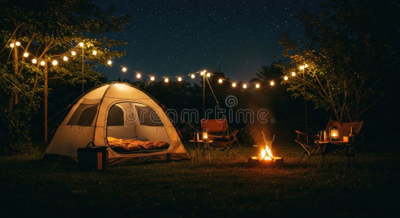 Night Camping Scene with Illuminated Tent and Campfire Stock Photo ...