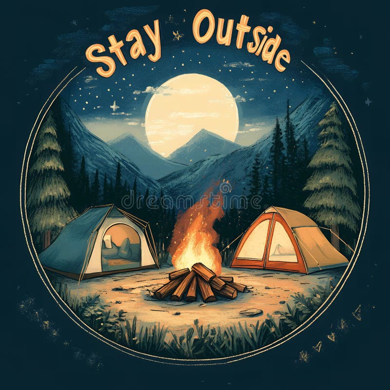 Night Camping Scene Mountain View Two Tents Campfire Stay Outside Stock ...