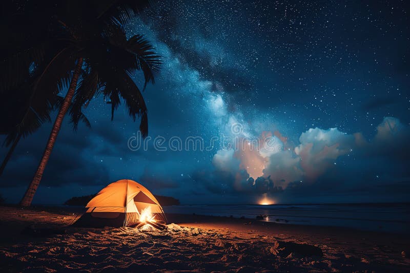 Night Camping Under the Stars with Tent and Campfire on the Beach Stock ...