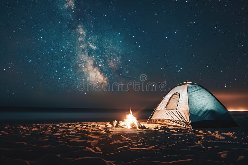 Night Camping Under the Stars with Tent and Campfire on the Beach Stock ...