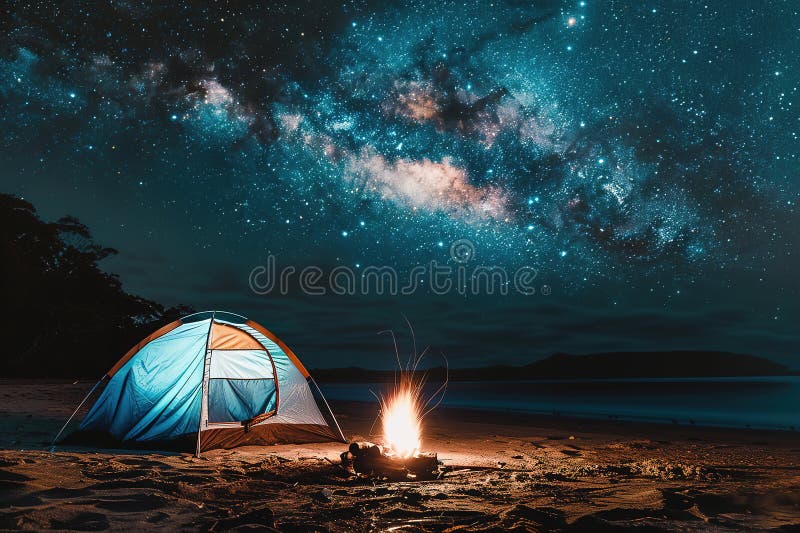 Night Camping Under the Stars with Tent and Campfire on the Beach Stock ...