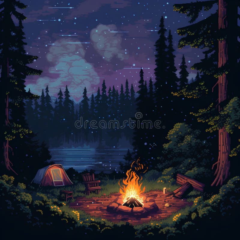 Night Camping in the Woods. Camping on the Lake Stock Illustration ...