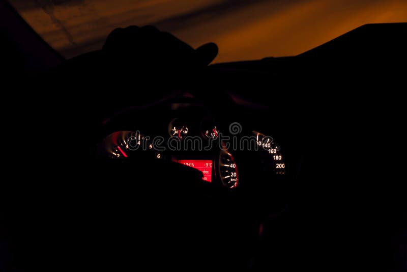 Night Car Driving. Hands on Wheel, Dashboard Stock Photo - Image of ...