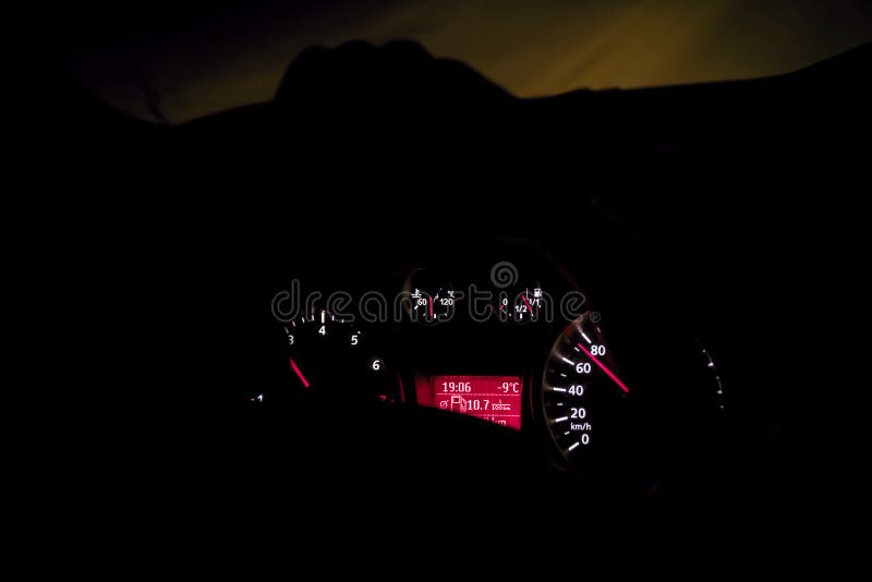 Night Car Driving. Hands on Wheel, Dashboard Stock Photo - Image of ...