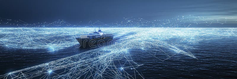 Night Cargo Ship with Digital Connections Overlay Stock Illustration ...