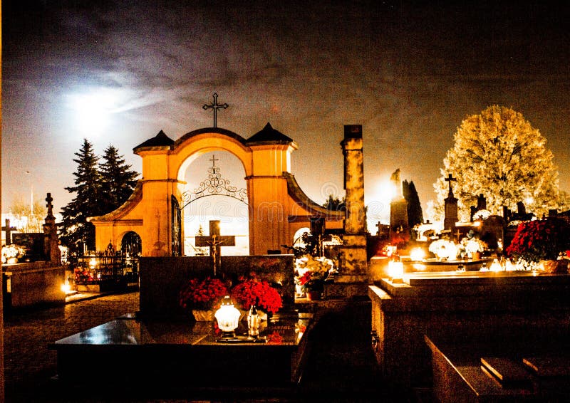 Night Cemetery. Burning Candles in the Cemetery at Night. Background ...