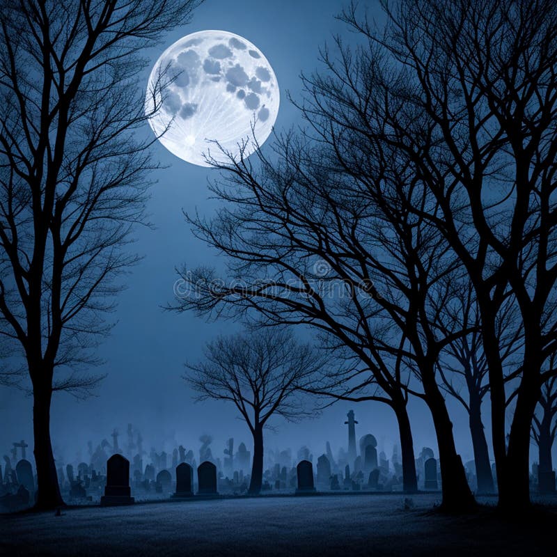 Moonlit Night at the Cemetery. Generative AI. Stock Illustration ...