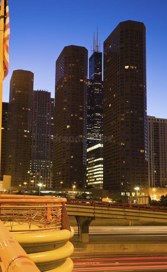 Night in Chicago stock photo. Image of urban, flag, blue - 20128122