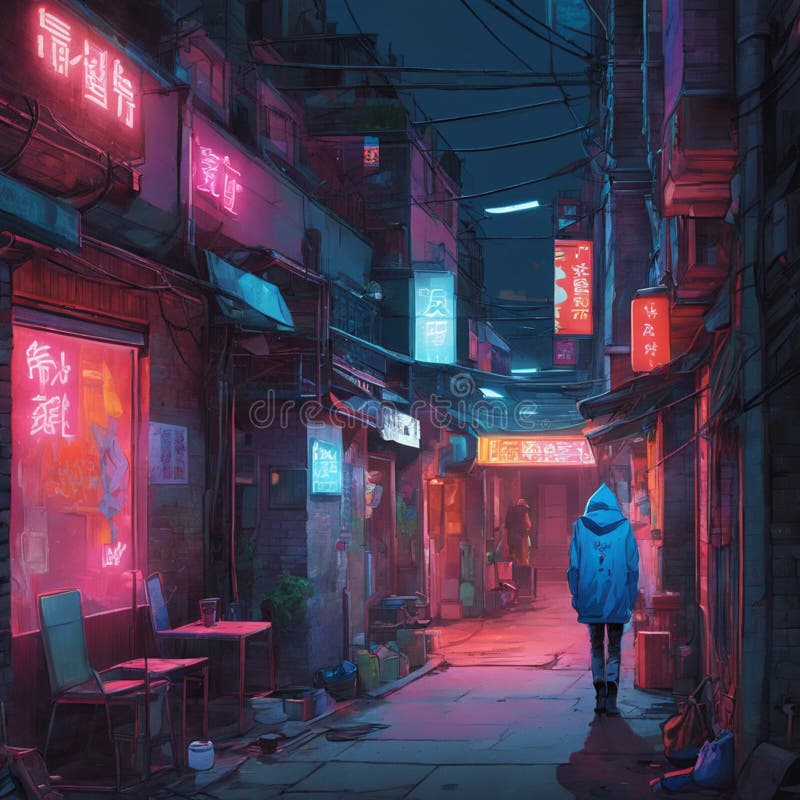 Night City Alley with Neon Signs Stock Illustration - Illustration of ...