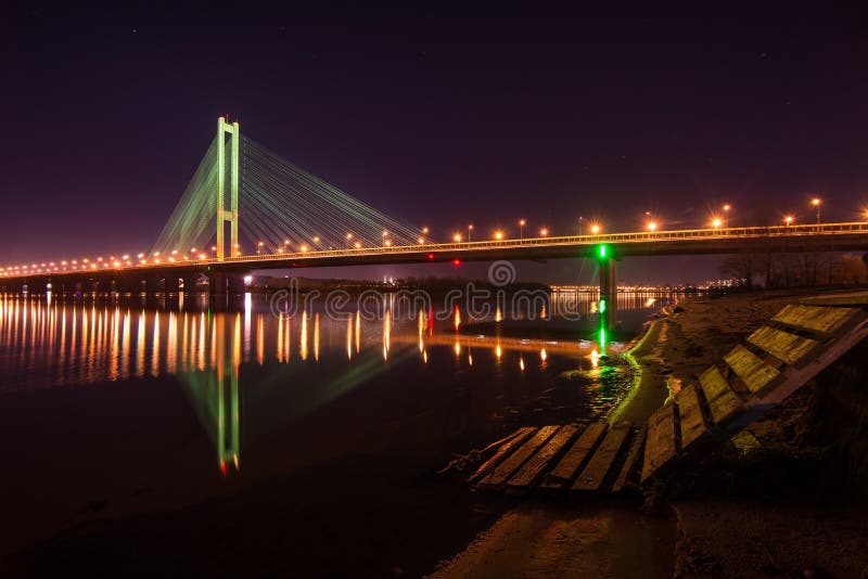 Night City. Beautiful Glowing Bridge Over the River Stock Image - Image ...