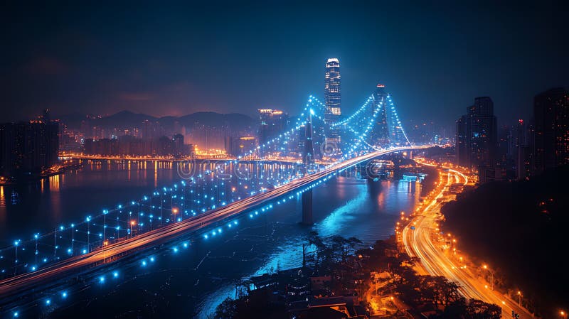 Night City Bridge Illuminated Cityscape Transport Stock Illustration ...