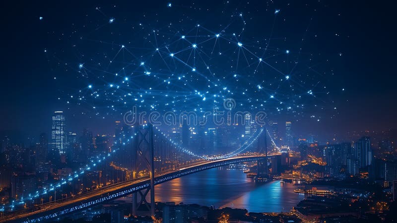 Night City Bridge Network Connection Global Future Stock Illustration ...
