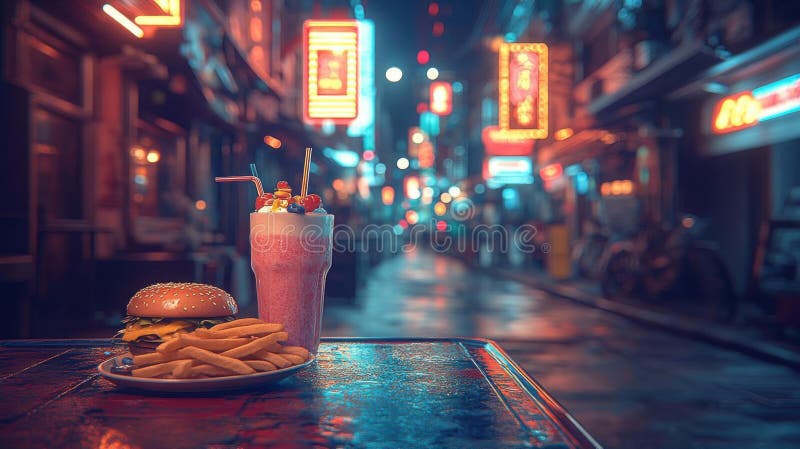 Night City Burger & Shake Stock Illustration - Illustration of cafe ...