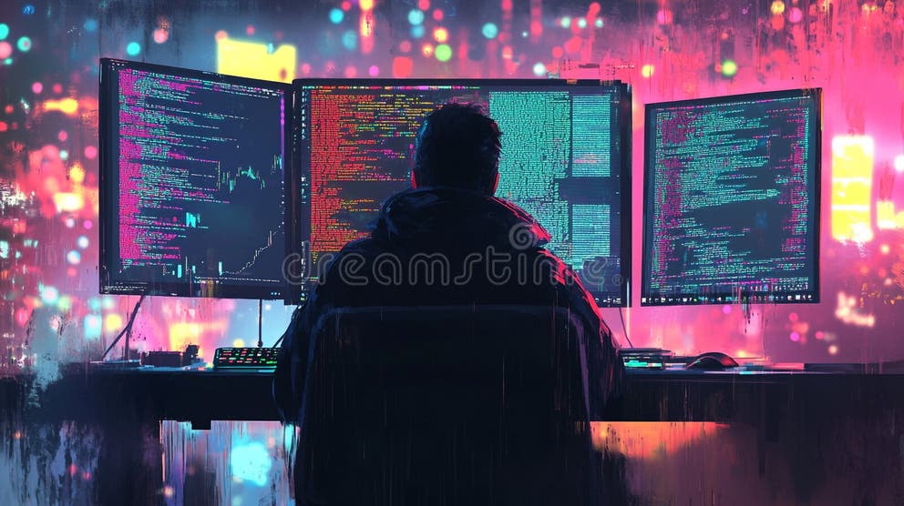 Night City Coder Programmer Working Late Multiple Monitors Coding Software Developmen Stock ...