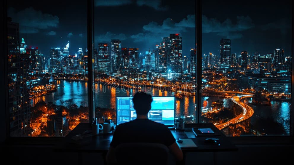 Night City Coder stock illustration. Illustration of work - 373594548