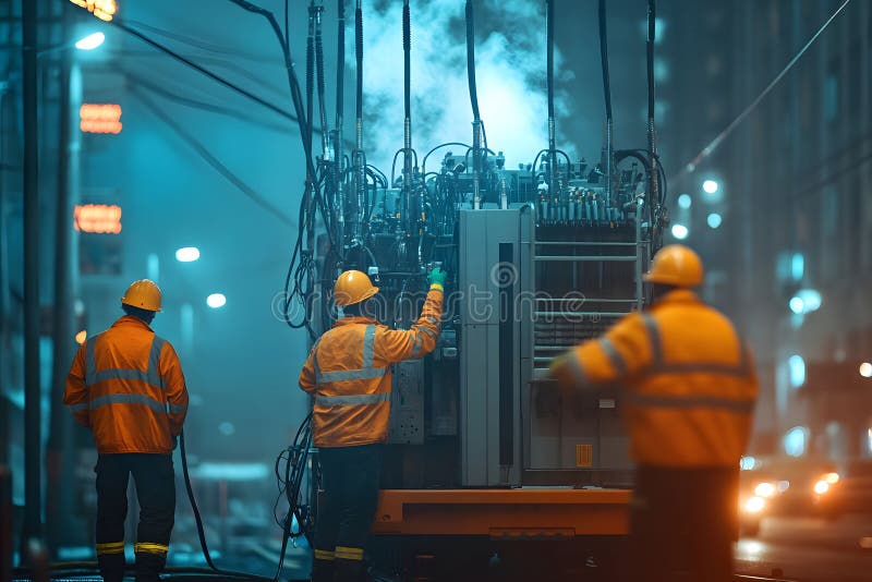 Night City Construction: Workers Transporting Heavy Machinery Stock ...