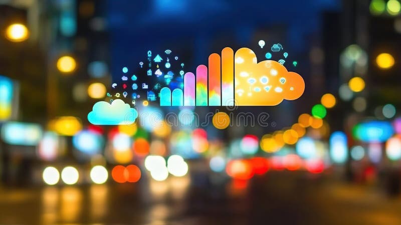 Night City Data Cloud Transfer, Digital Infographic Stock Image - Image ...