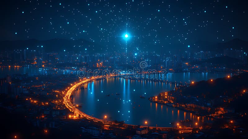 Night City Data Stream Tower Futuristic Landscape Stock Illustration ...