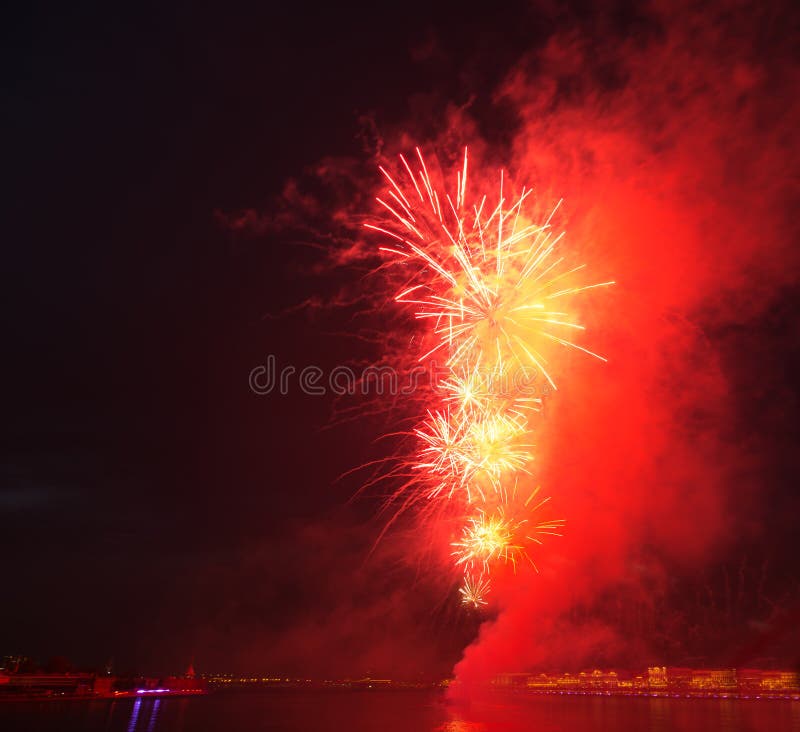 Bright Explosion Red Fireworks Night City Lights Stock Image - Image of ...