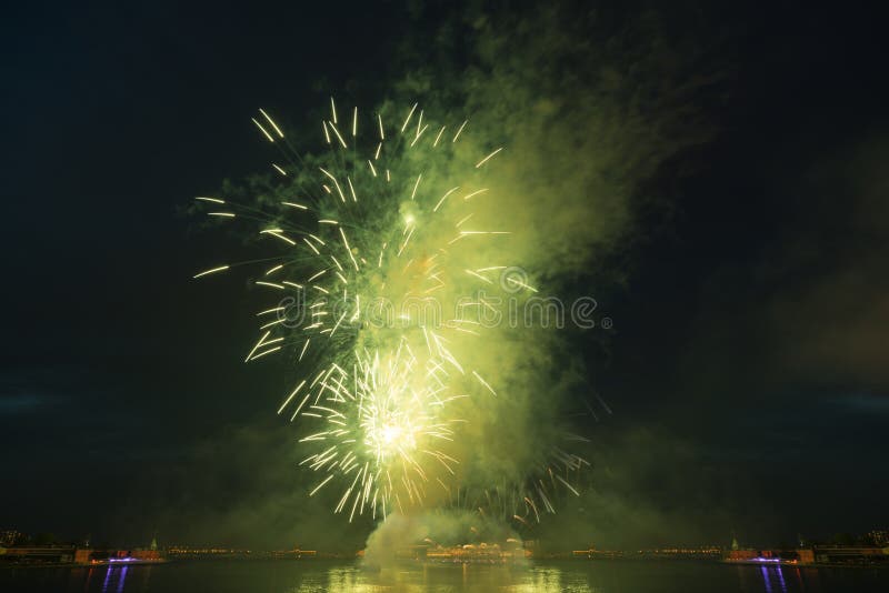 Night City Sky Bright Explosion Green Fireworks Above River Stock Image ...