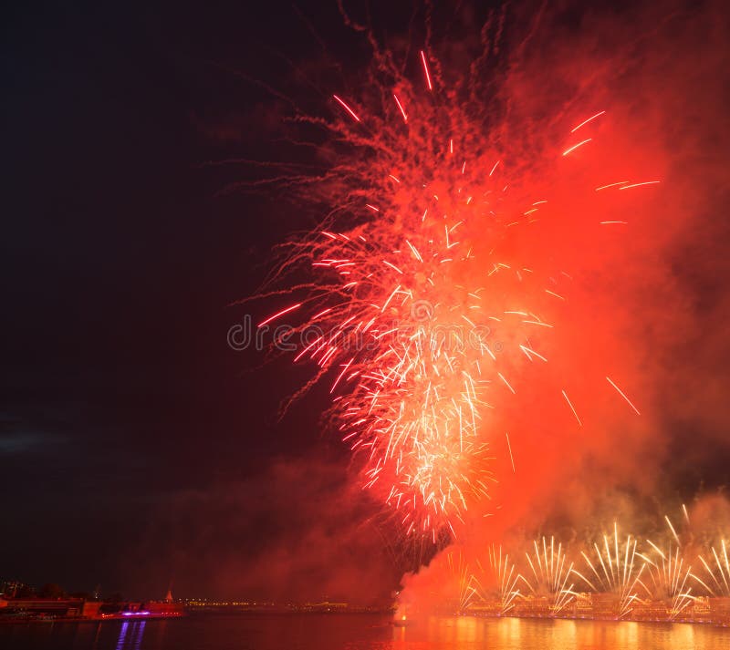 Night City Sky Bright Explosion Red Fireworks Stock Image - Image of ...