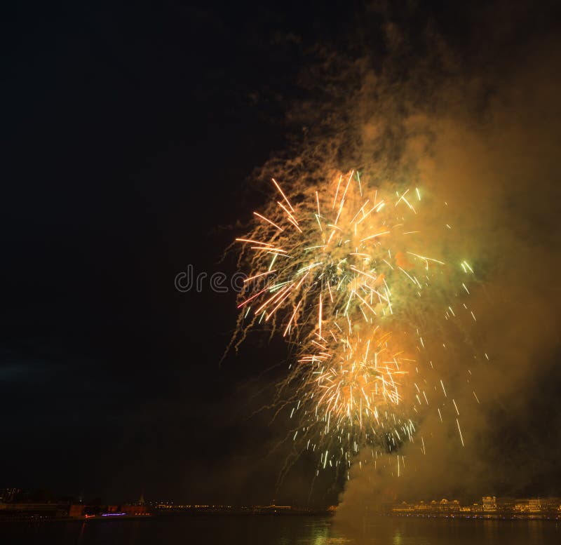 Night City Sky Explosion Fireworks Above River Stock Image - Image of ...