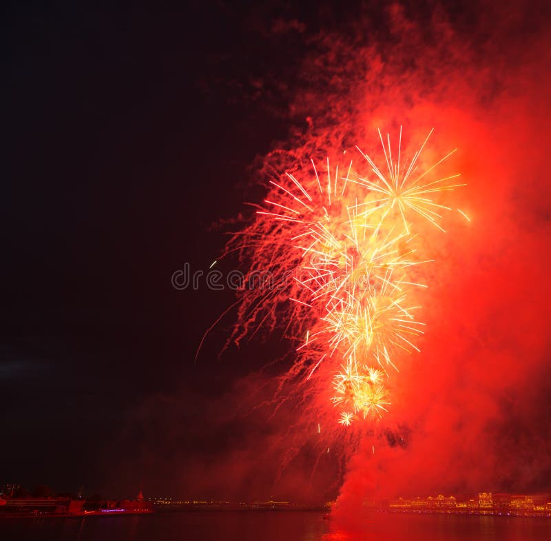Night City Sky Explosion Fireworks Above River Stock Photo - Image of ...