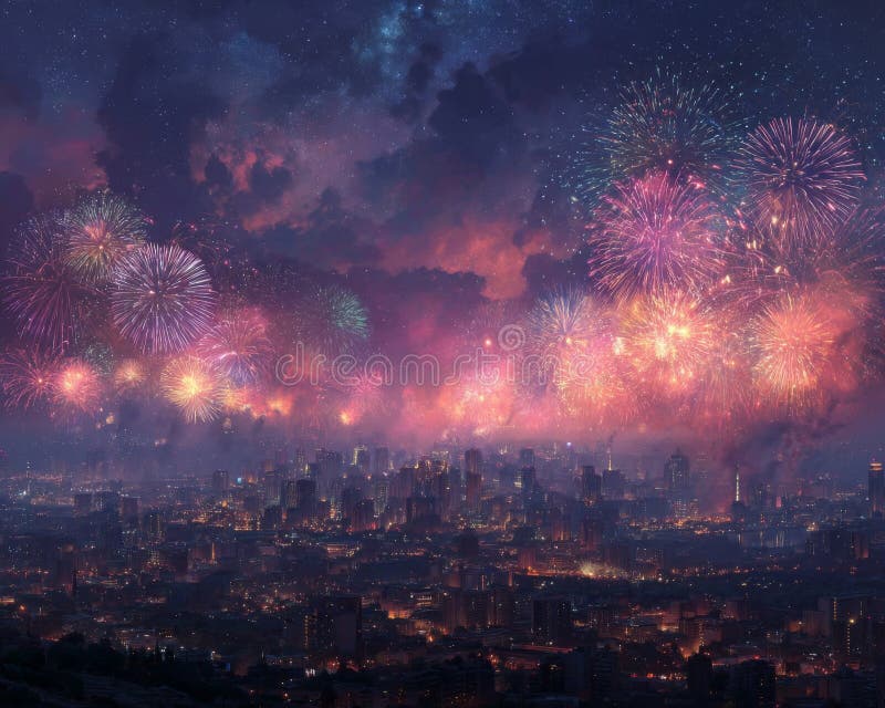 Night City Fireworks Display Stock Illustration - Illustration of ...